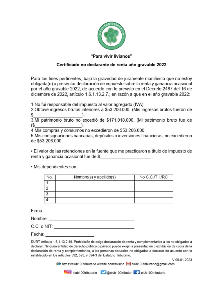 C100 No Declarante de Renta 2022 V.01-2023 | PDF