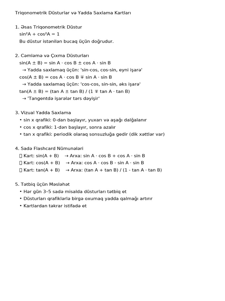 Triqonometrik Dusturlar Yadda Saxlama Kartlari Unicode | PDF