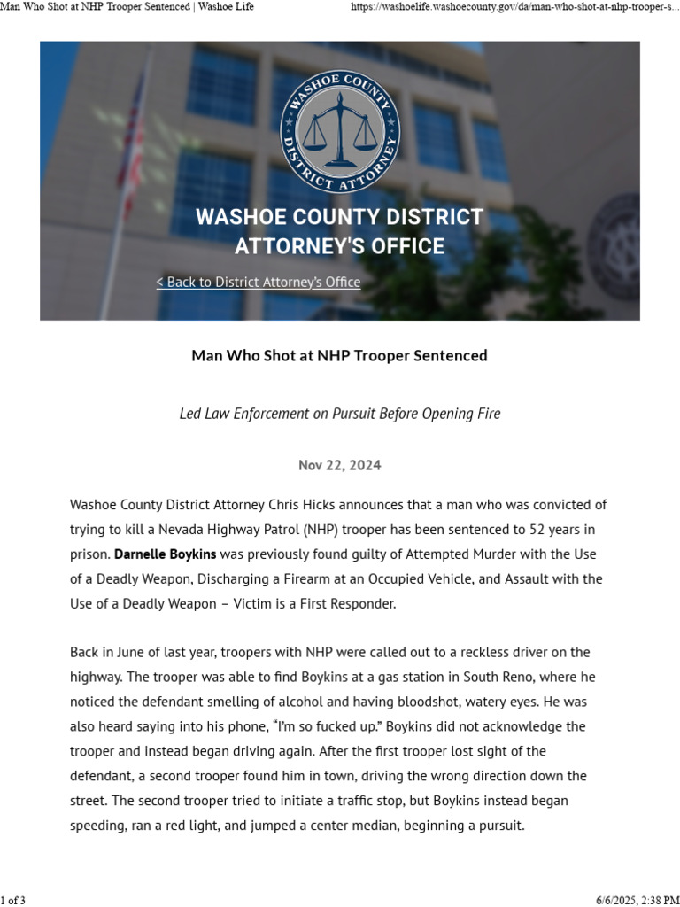 Darnelle Boykins Man Who Shot at NHP Trooper Sentenced - Washoe Life | PDF