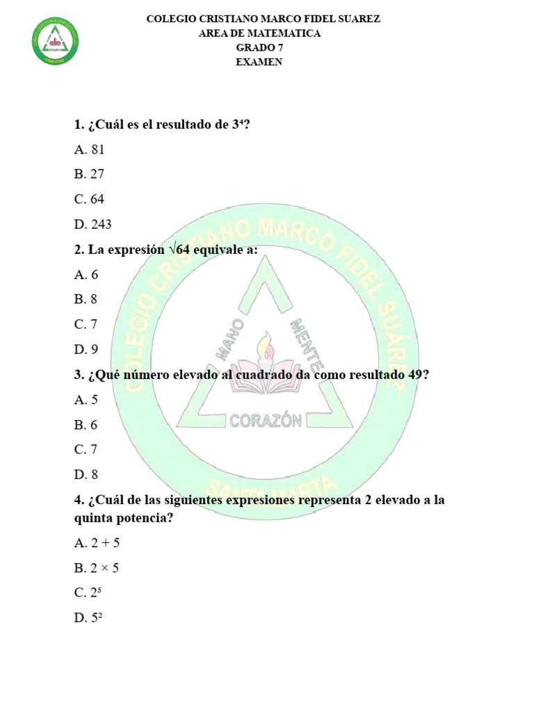 Examen de Matematicas 7mo | PDF