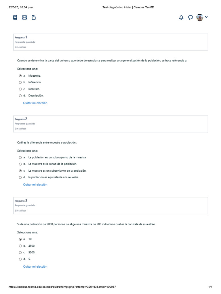 Test Diagnóstico Inicial - Campus TecMD | PDF | Muestreo (Estadísticas ...