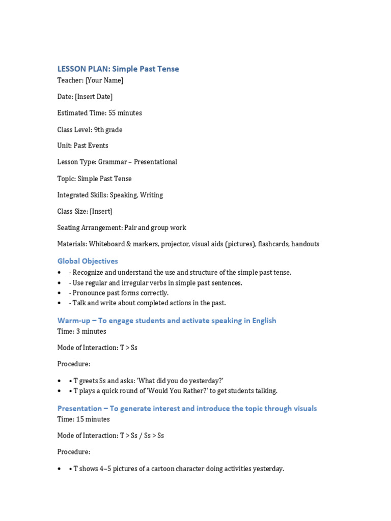 Simple Past Tense Lesson Plan | PDF | Grammatical Tense | Language ...