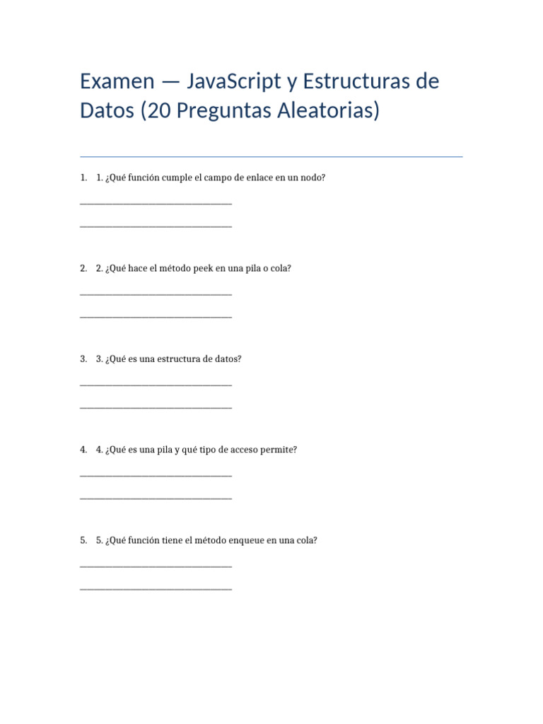 Examen 20 Preguntas JS Estructuras | PDF | Cola (tipo de datos abstractos) | Programación de ...