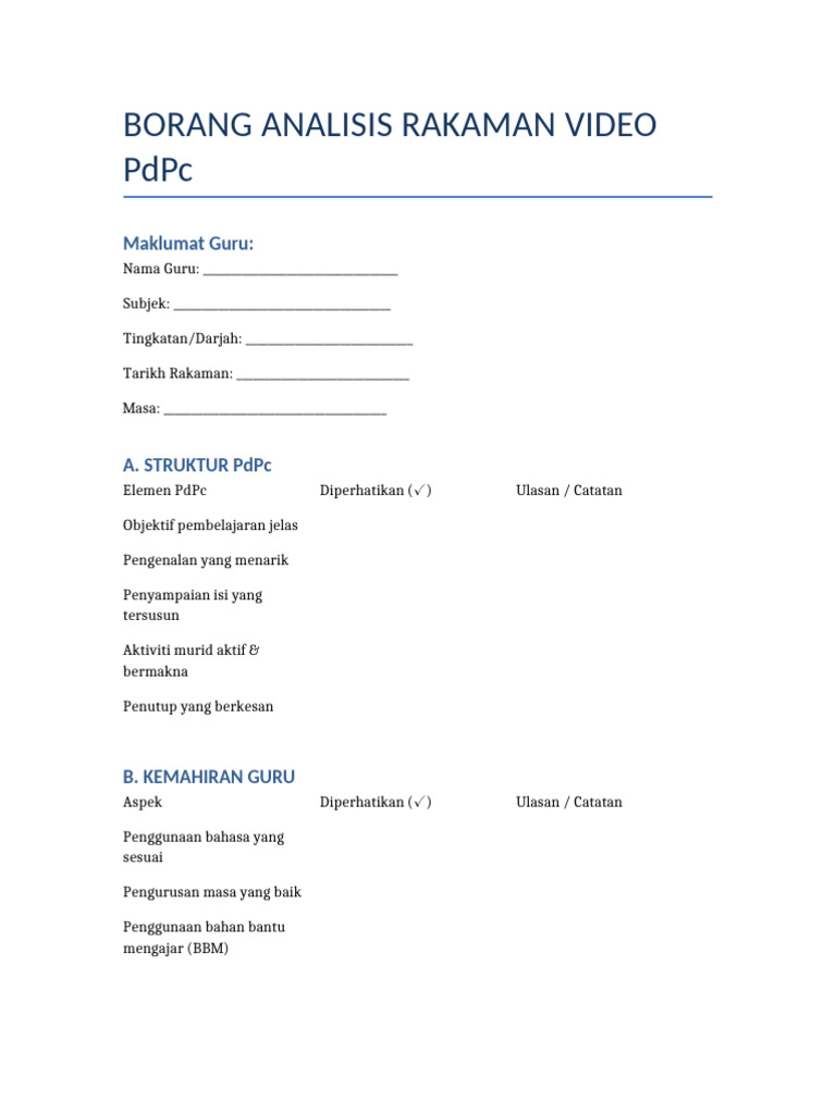 Borang Analisis Rakaman Video PDPC | PDF