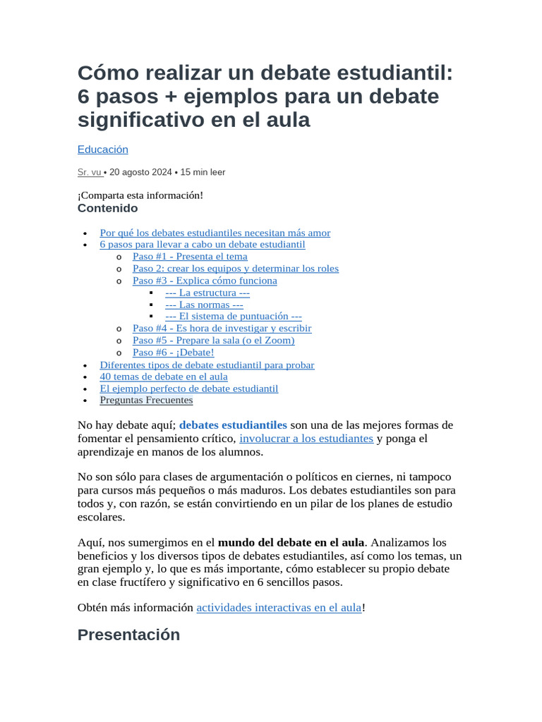 Guía para Debates Estudiantiles en Clase | PDF | Salón de clases | Escuelas