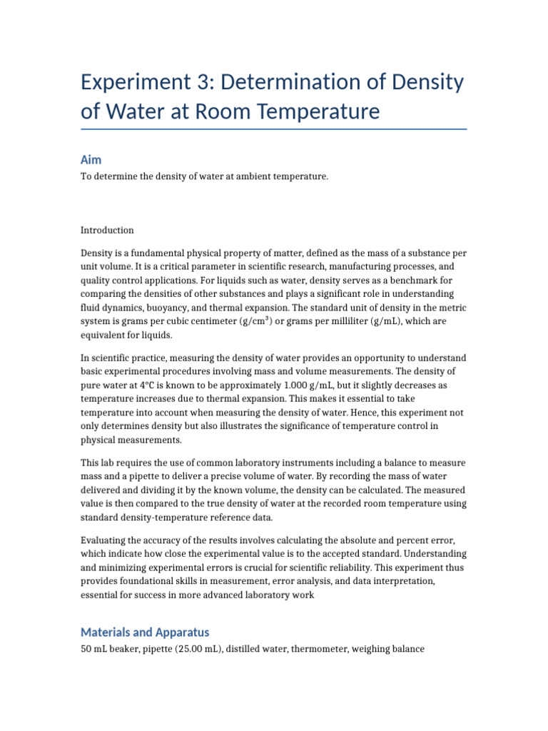 Lab 3 Density of Water Solved | PDF | Density | Volume