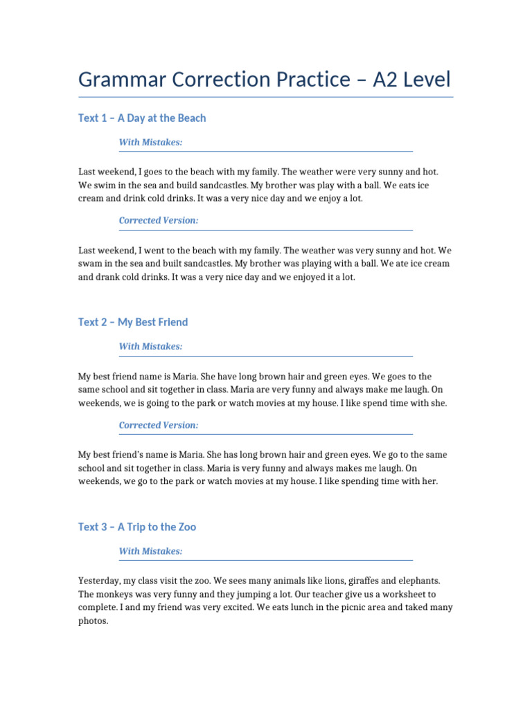A2 Grammar Correction Practice | PDF