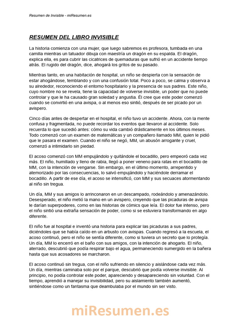 Resumen Libro Invisible Miresumen - Esksks | PDF | Novelas | Amor
