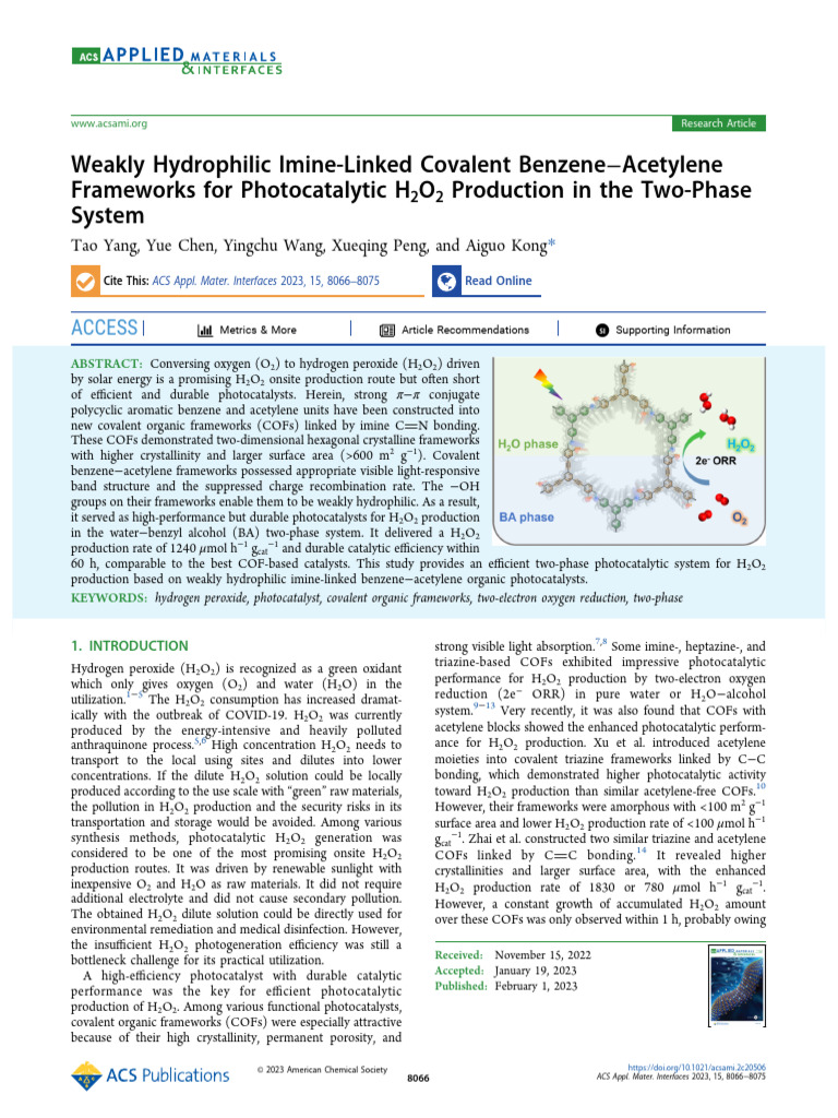 Yang Et Al 2023 Weakly Hydrophilic Imine Linked Covalent Benzene Acetylene Frameworks For ...
