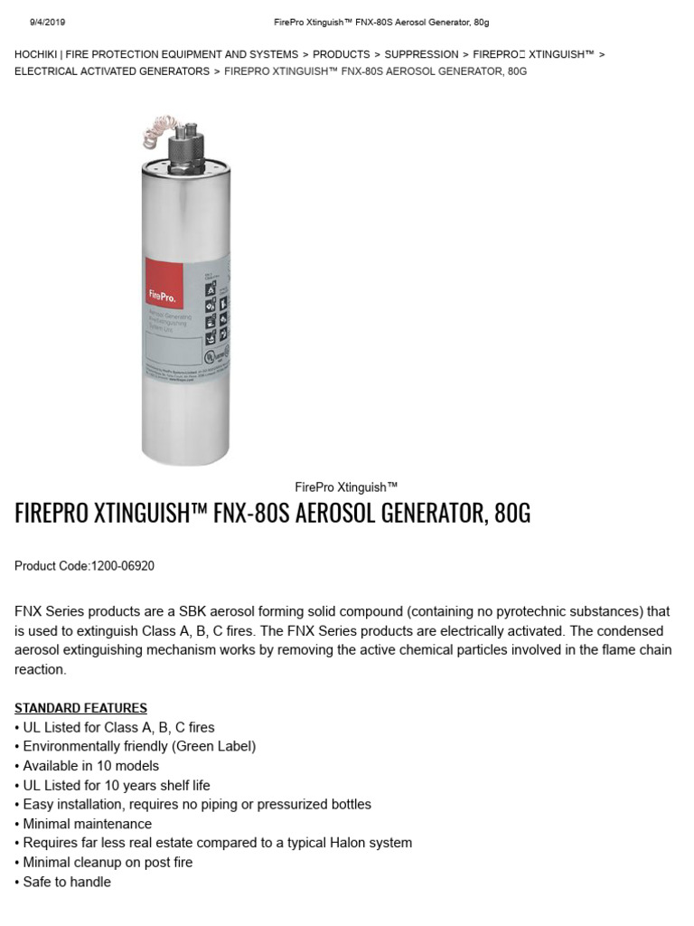 FirePro Xtinguish™ FNX-80S Aerosol Generator, 80g | PDF