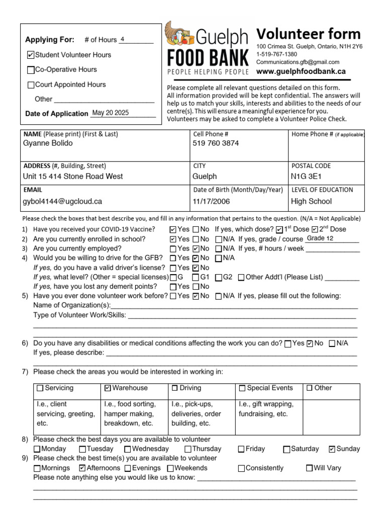 Guelph Food Bank Volunteer Application | PDF