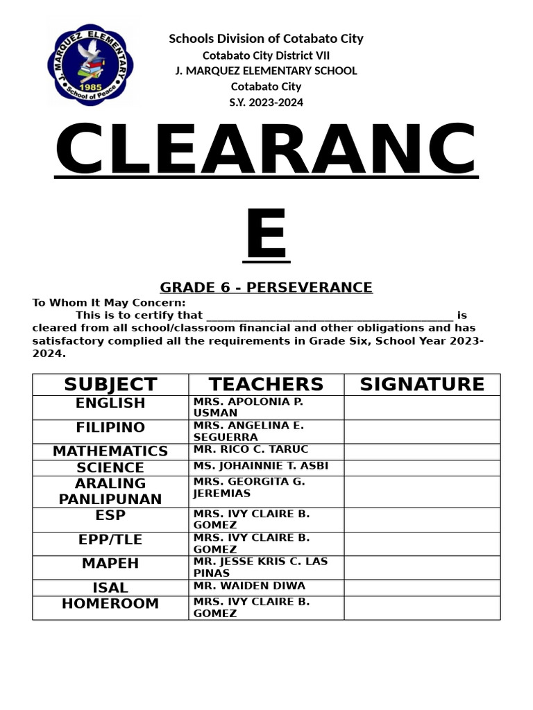 Grade 6 Clearance Certificate 2023-2024 | PDF