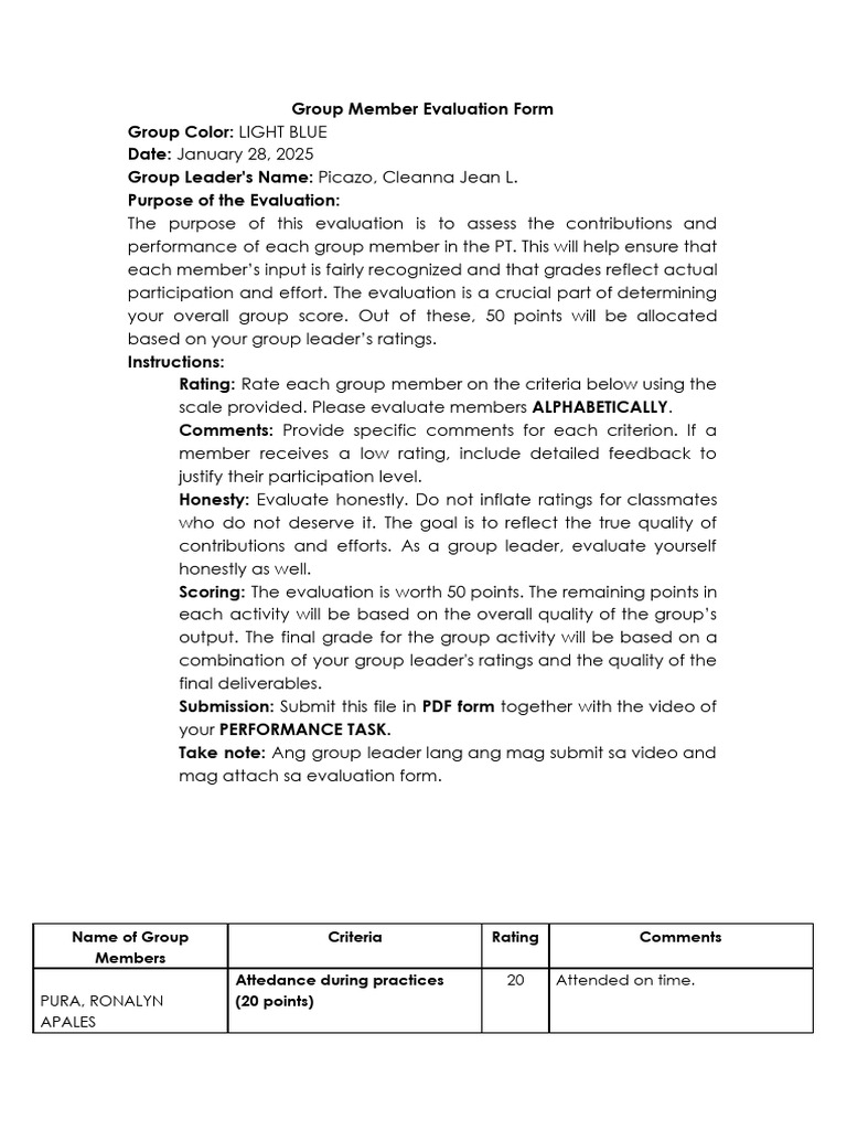 LIGHT BLUE Member Evaluation Form | PDF | Performance Appraisal ...