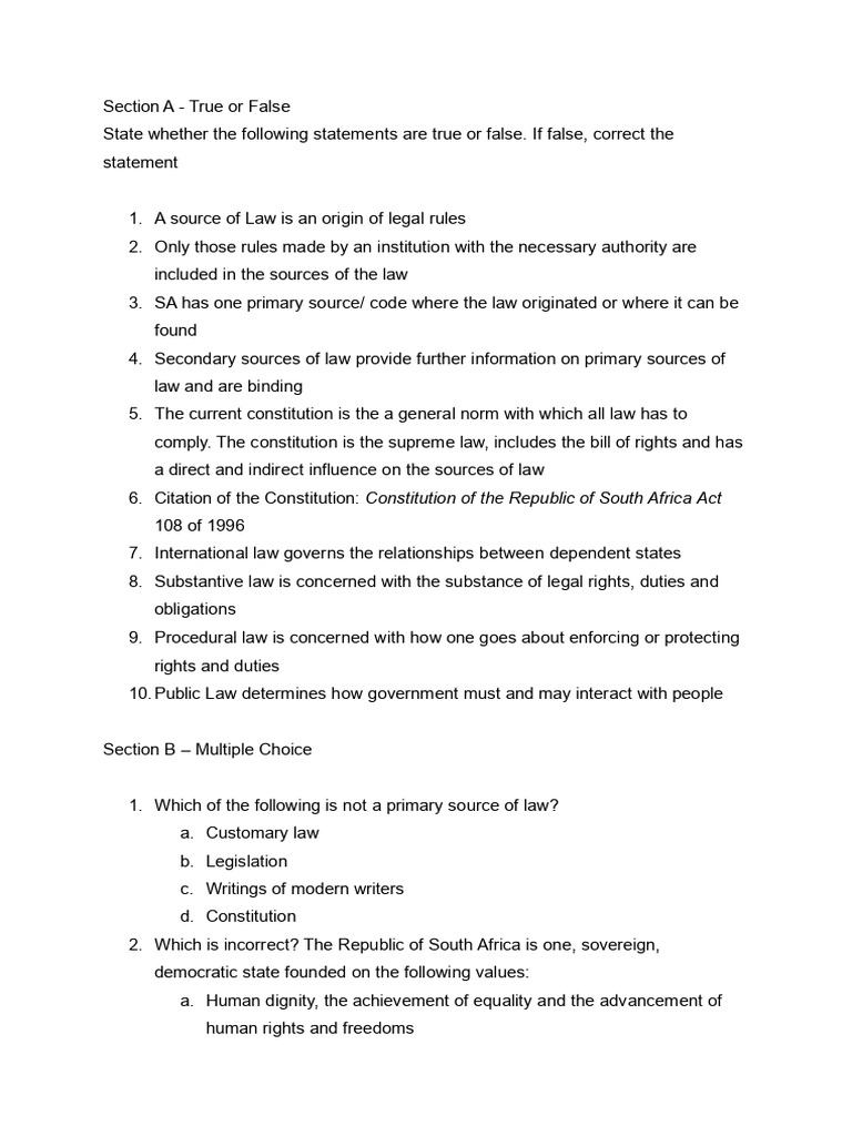 South African Law: True/False & MCQ Guide | PDF | Sources Of Law ...