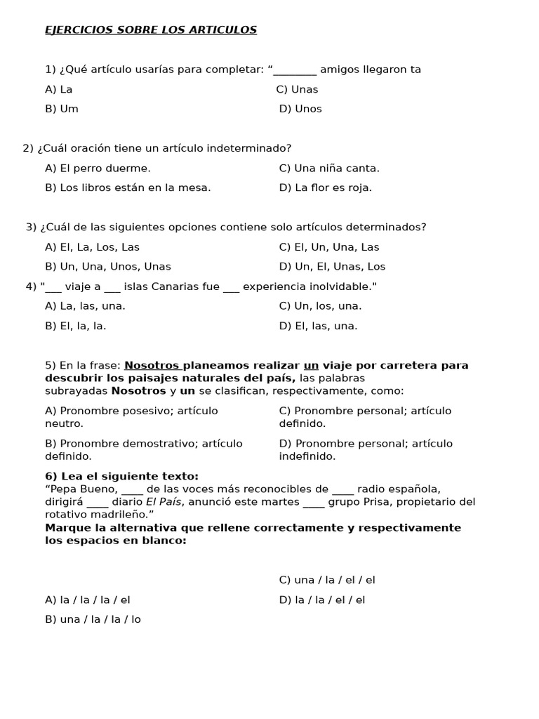 EJERCICIOS SOBRE LOS ARTICULOS | PDF