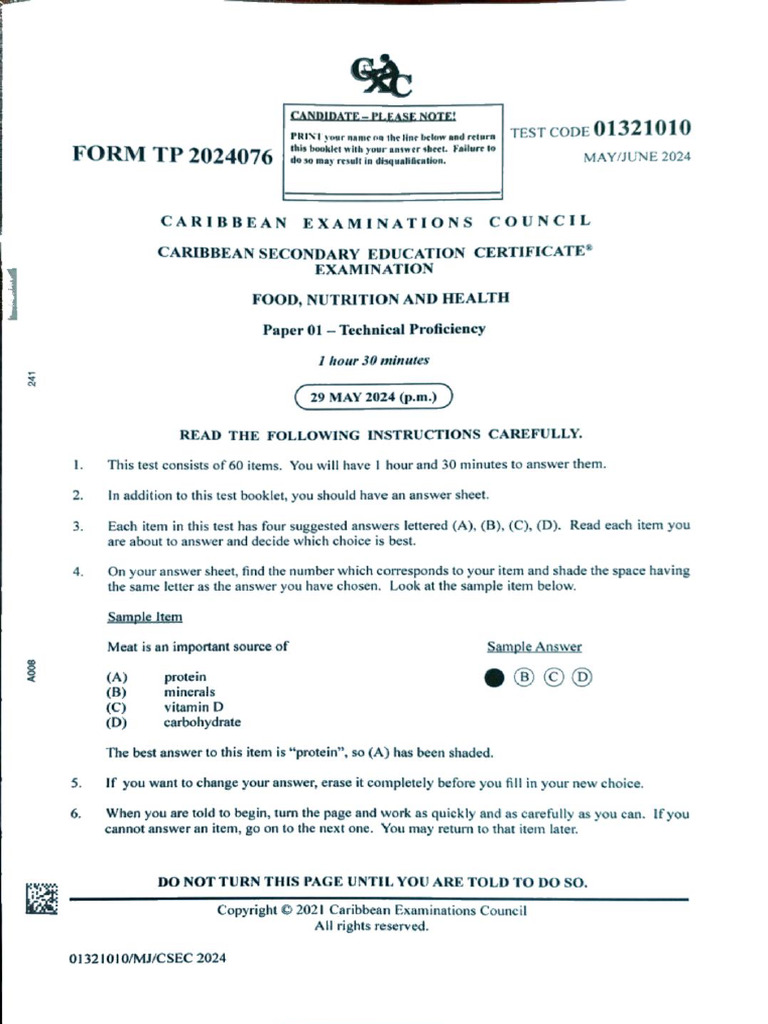 CSEC Food and Nutrition June 2024 Paper 1 | PDF