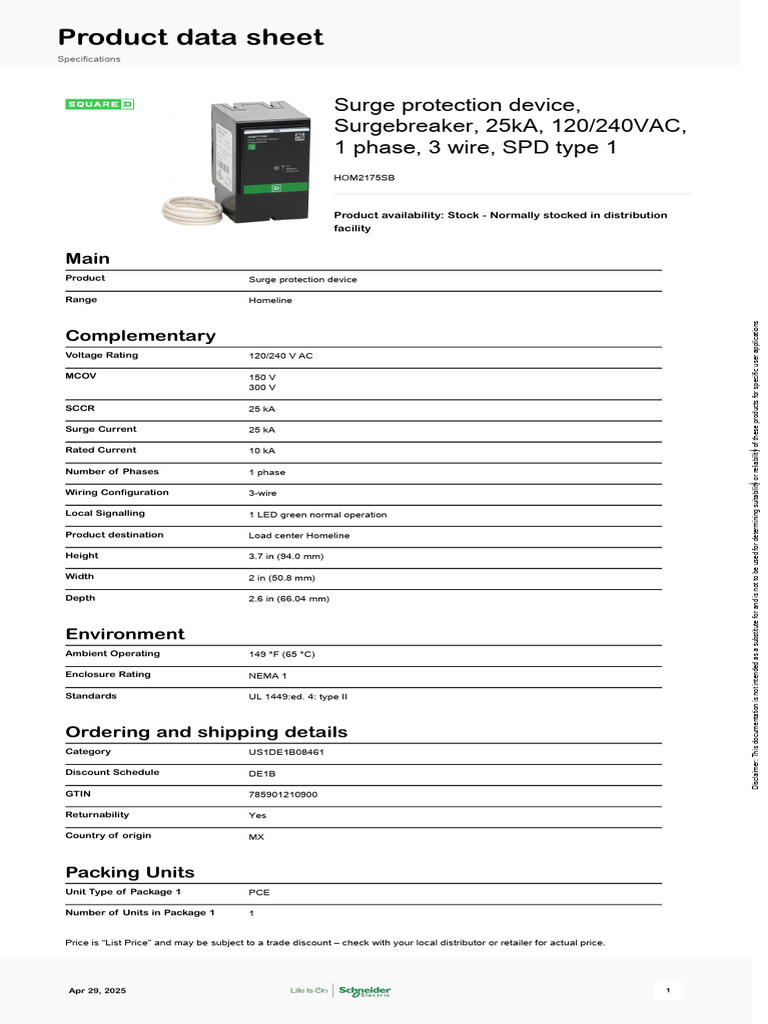 Schneider Electric_Homeline-HOM2175SB-Surgebreaker-SPDs_HOM2175SB | PDF ...