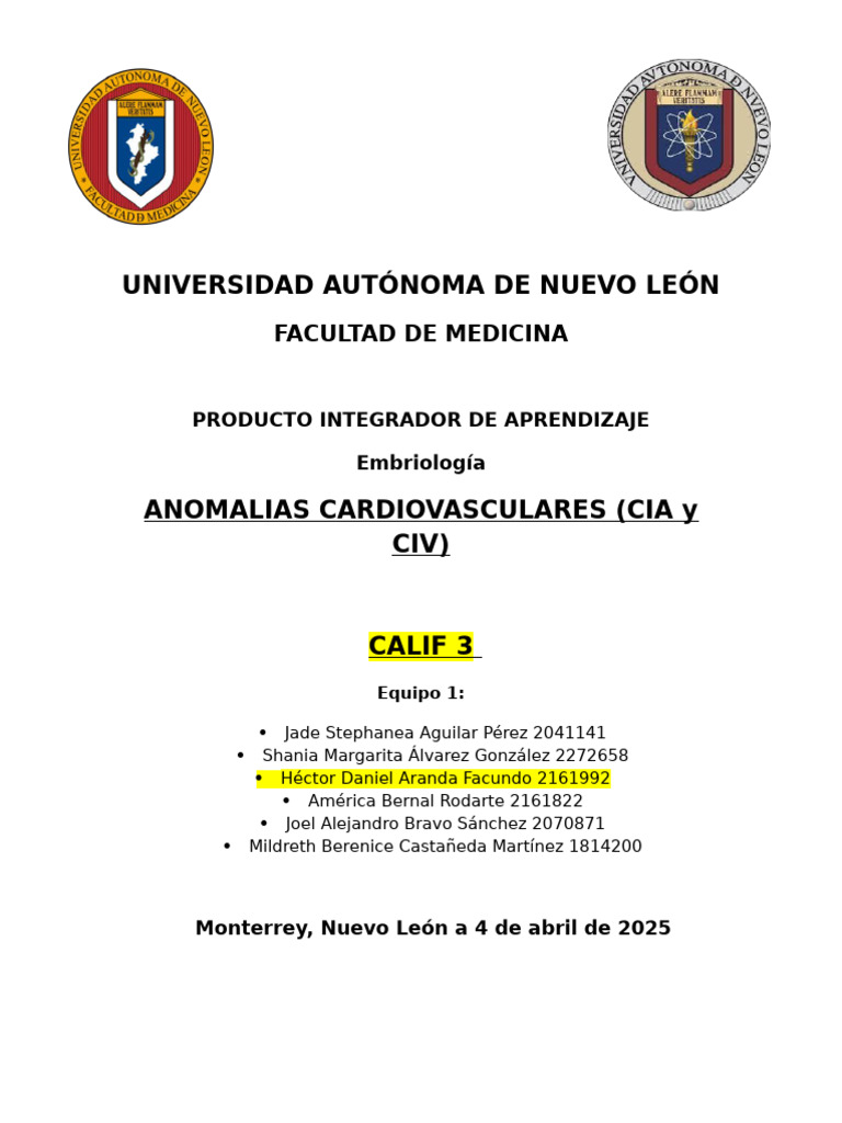 EQUIPO 1 DESAROLLO CIV Y CIA En los embriones | PDF | Corazón | Defecto cardiaco congenito