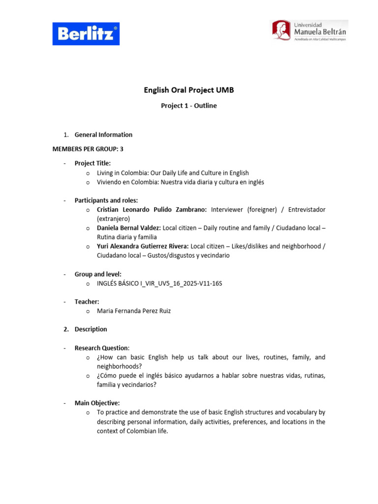 Oral - Project 1 - UMB-1 - Español | PDF | Language Mechanics | Grammar