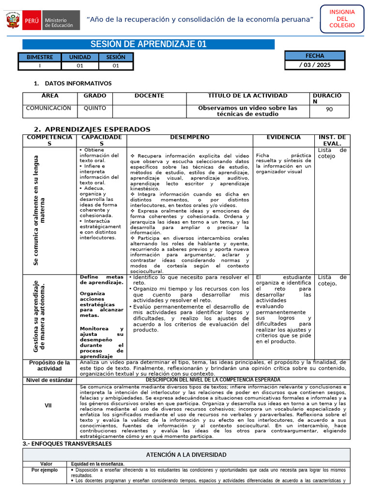 Comunicación 5° - Sesión de Aprendizaje 01 | PDF | Enseñando | Aprendizaje