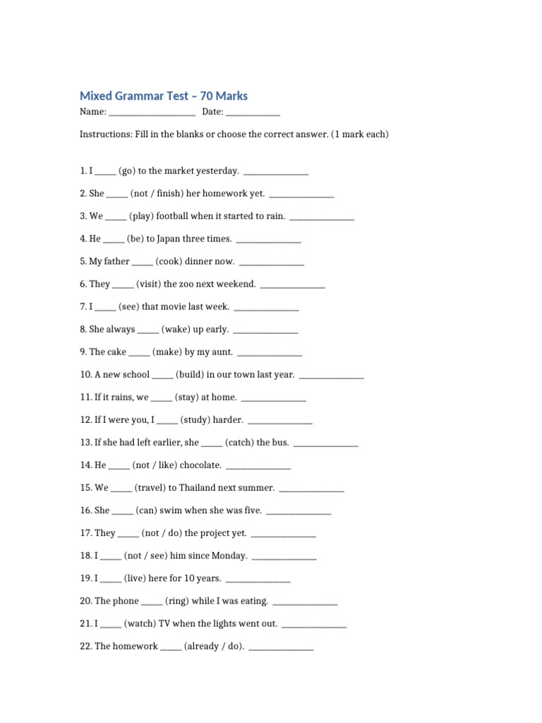 Mixed Grammar Test 70 Marks | PDF | Chess Theory | Chess
