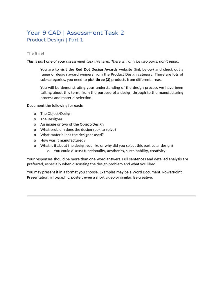 Year 9 CAD - Assessment Task 2 - Part 1 | PDF | Design | Usability