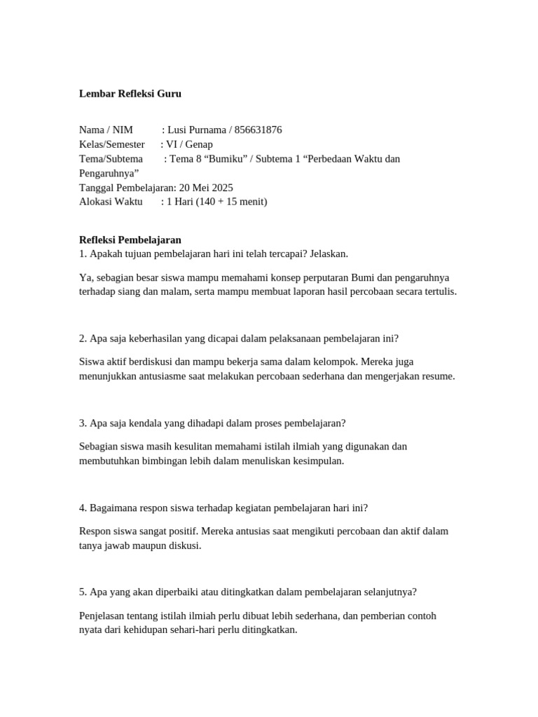 Lembar Refleksi Guru RPP Bumiku Terlengkap | PDF