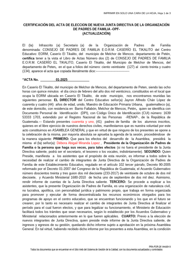 Pra-For-26 - Certificacion - Nueva - Junta 17-11-0013-42 | PDF | Junta Directiva | Guatemala