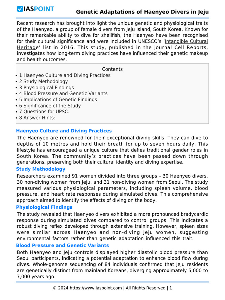 Genetic Adaptations of Haenyeo Divers in Jeju | PDF | Underwater Diving ...