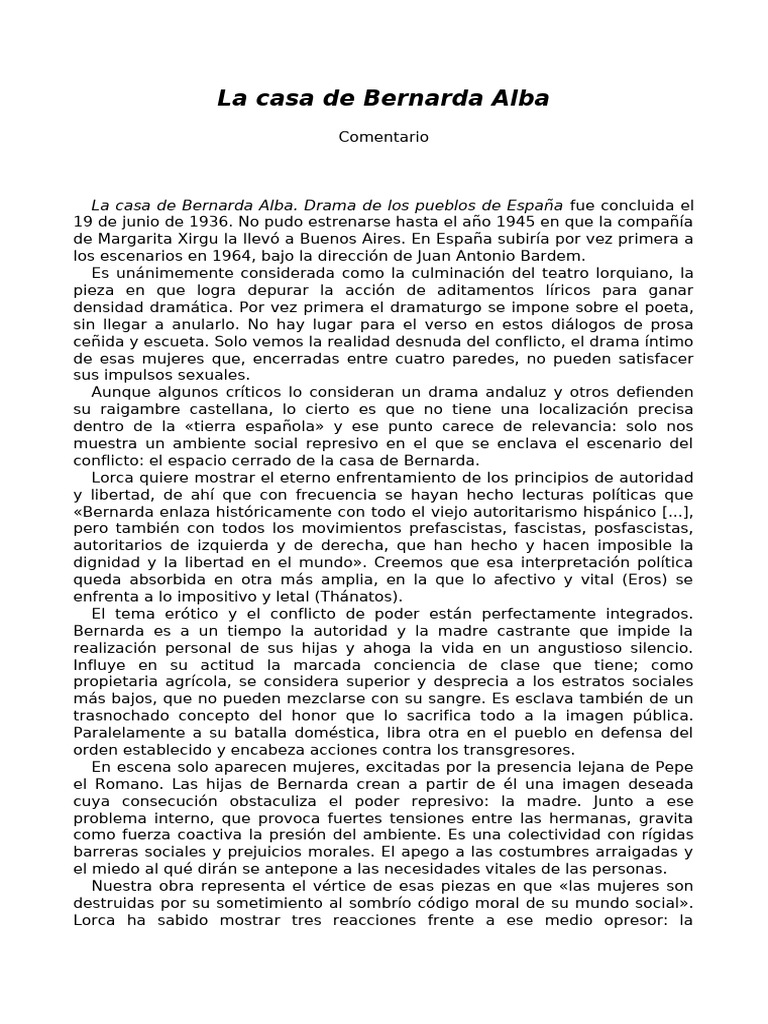 La Casa de Bernarda Alba - Comentario | PDF