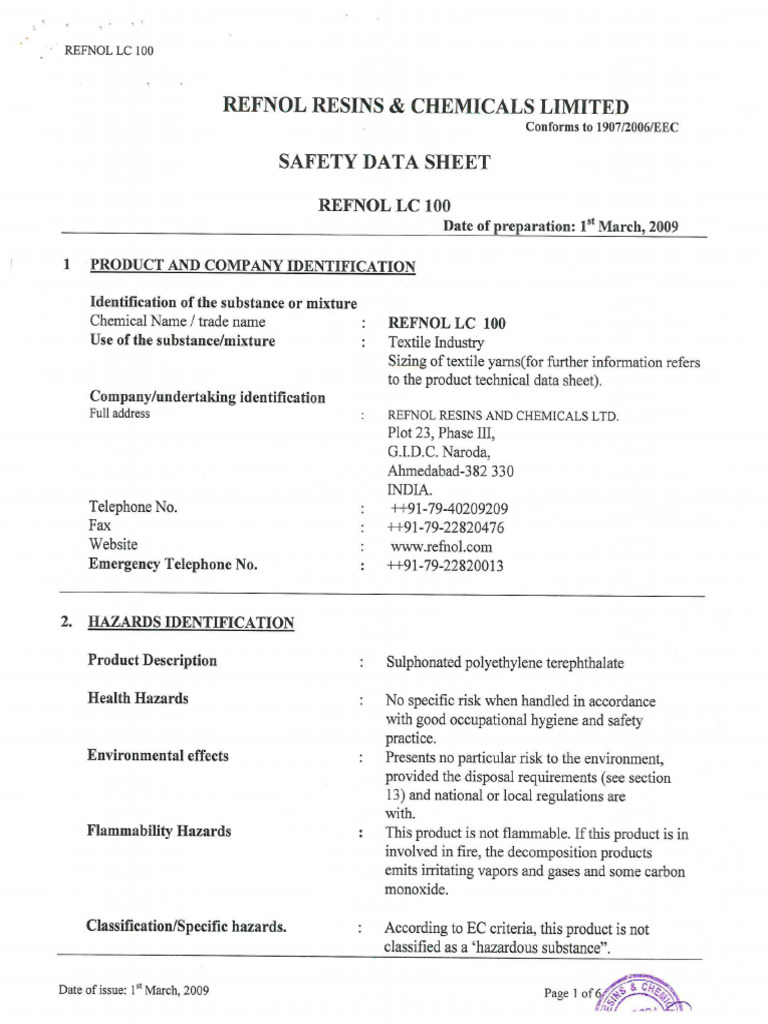 Refnol Lc 100-Ficha Datos de Seguridad. | PDF