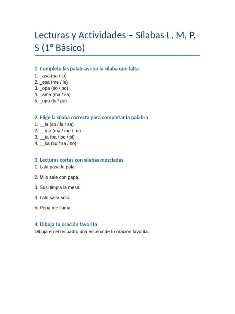 Actividades de Sílabas para 1° Básico | PDF