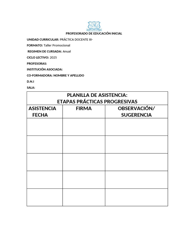 Planilla Asistencia Practicas Progresivas. Residencias | PDF