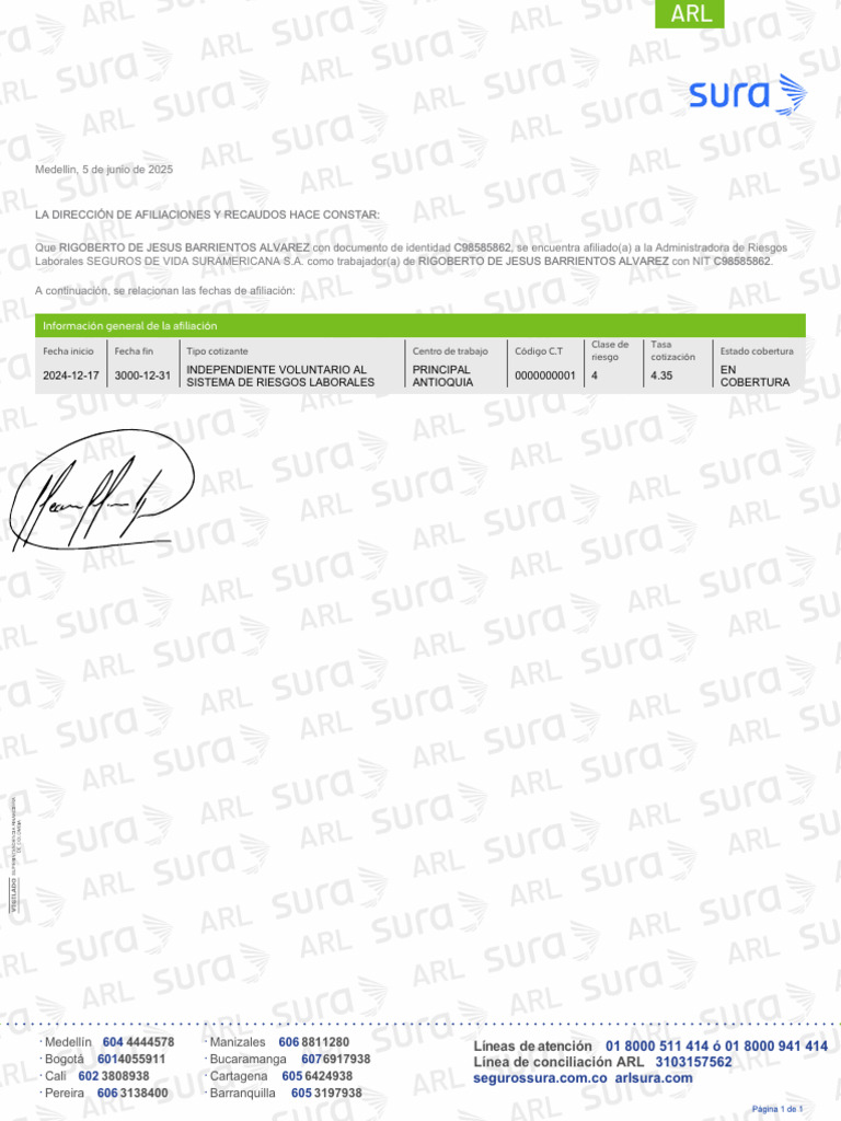 Certificado ARL SURA | PDF
