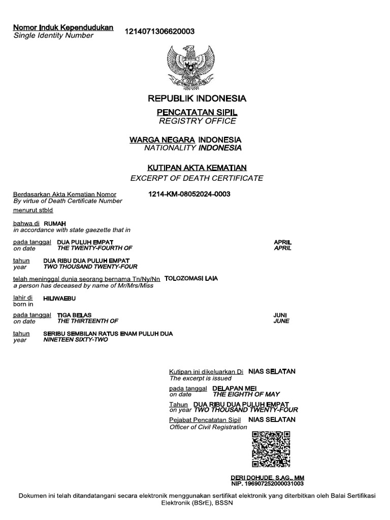 Akta Kematian Tolozomasi Laia | PDF