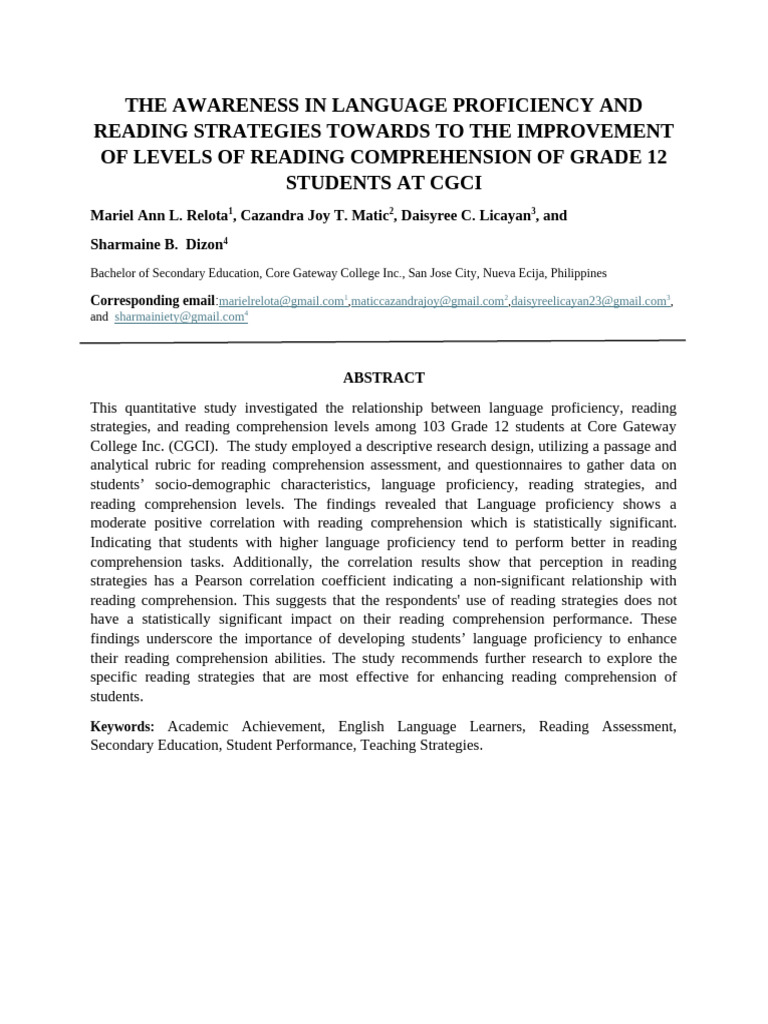 The Awareness in Language Proficiency and Reading Strategies Towards To The Improvement of ...