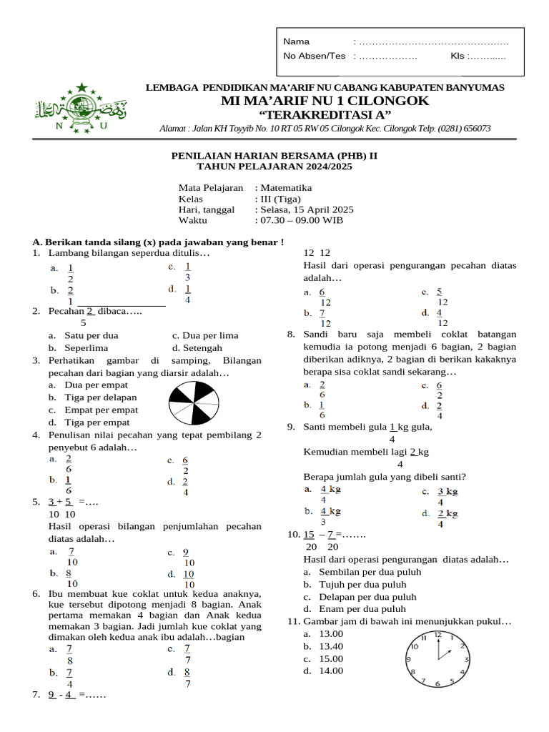 3 - Soal Matematika PHB 2 Kelas 3 2024 2025 | PDF