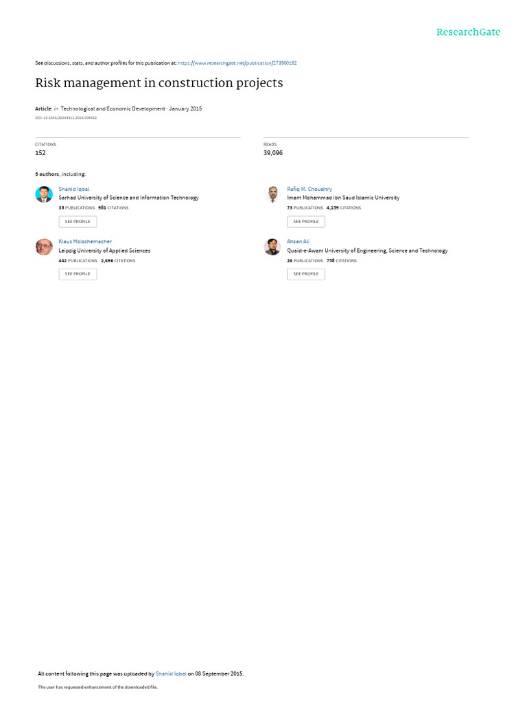 Risk Management in Construction Projects | PDF | Risk | Risk Management