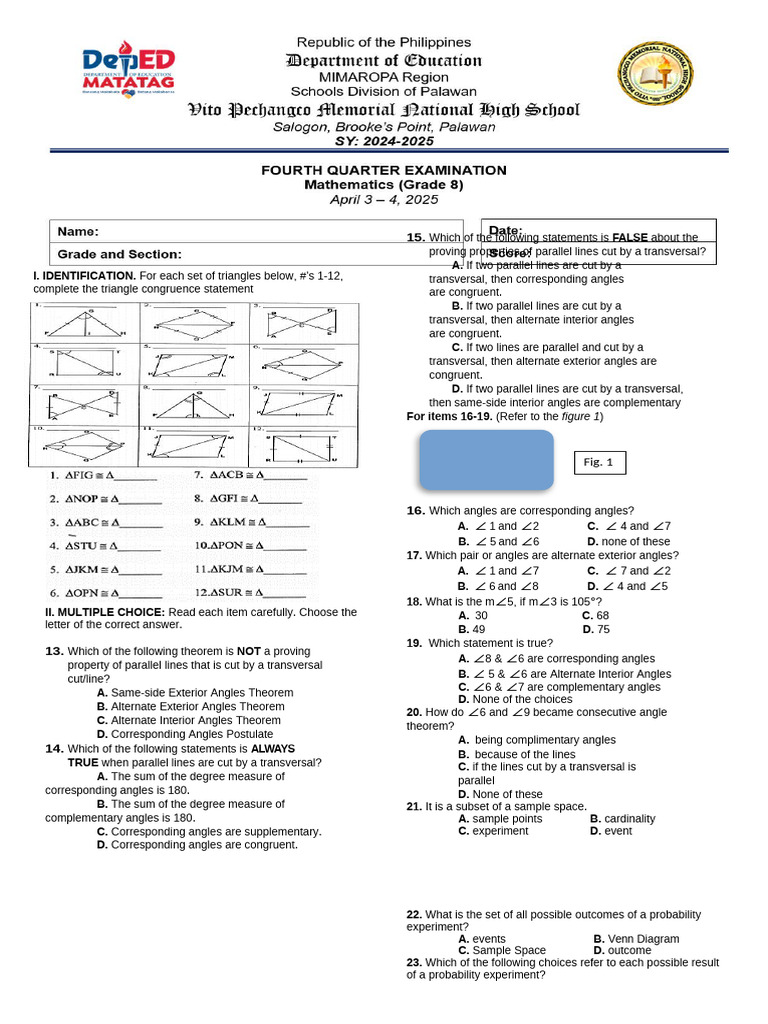 4th Quarter Exam - Math 8 - Prince of Orange | PDF | Classical Geometry ...