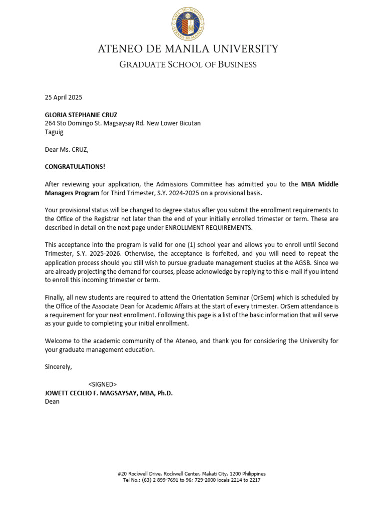 Ateneo Acceptance Letter - Cruz, Gloria | PDF | Birth Certificate