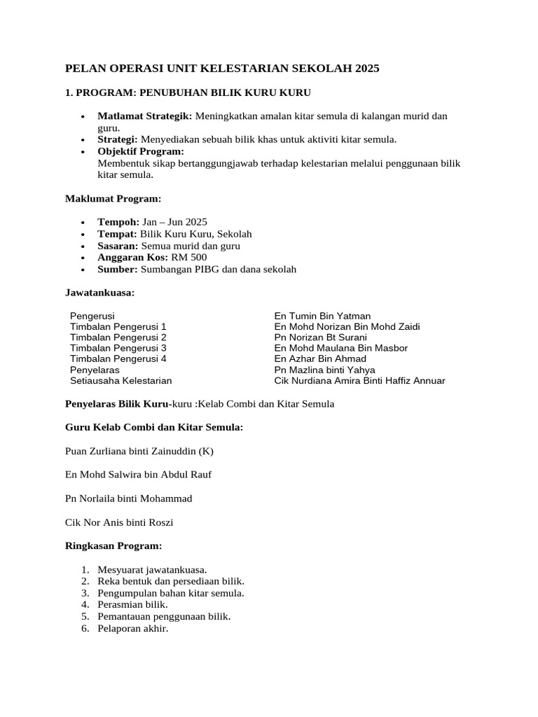 Pelan Operasi Unit Kelestarian Sekolah | PDF