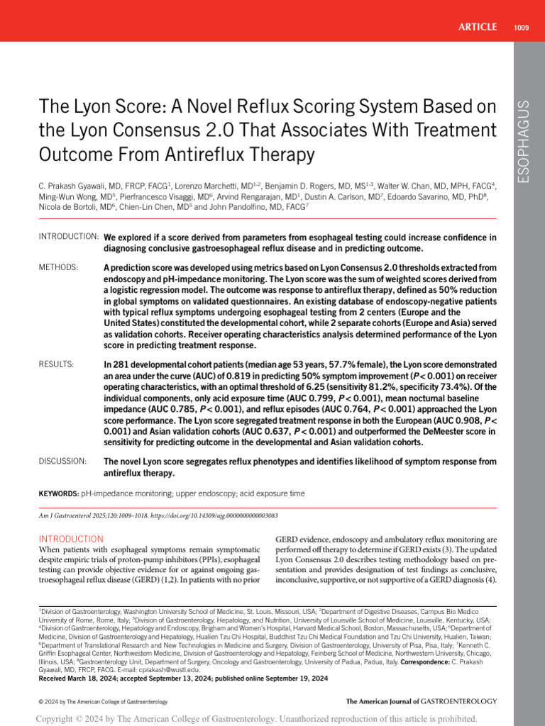 Lyon Score for GERD Treatment Outcomes | PDF | Gastroesophageal Reflux ...