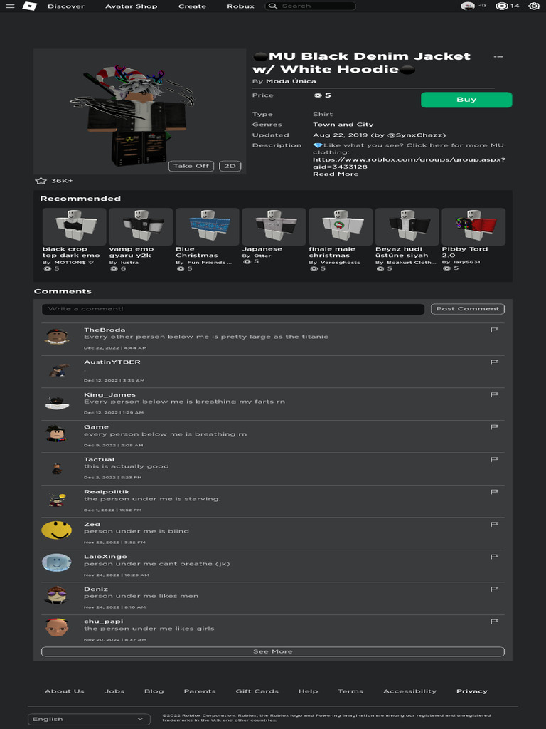 MU Black Denim Jacket W White Hoodie - Roblox | PDF | Jeans