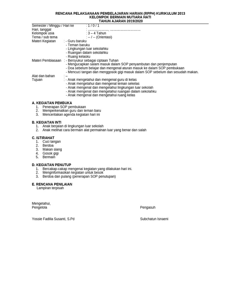 RPPH KB-B SMT1 Minggu_00 - Orientasi | PDF