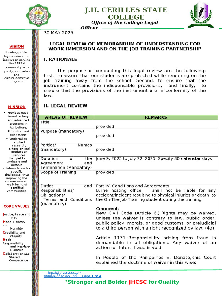 Legal Review Mou Provincial Agri Office Misamis Oriental | PDF | Waiver ...