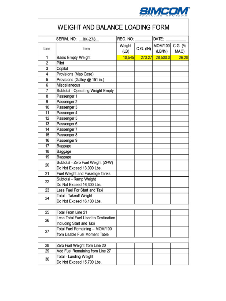 Beechjet 400A - BE 400 Weight and Balance Loading Form - Revision ...