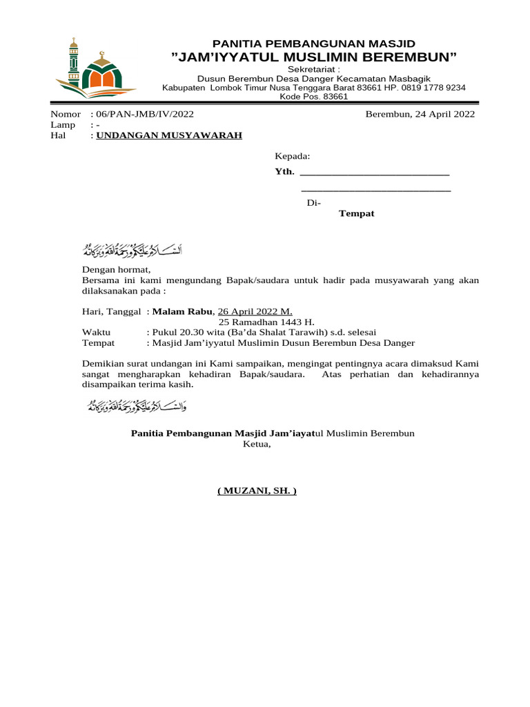 Undangan Musyawarah Pembangunan Masjid | PDF