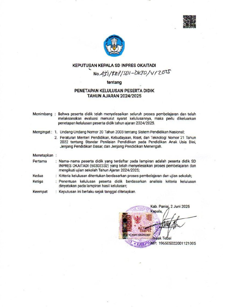Surat Keputusan Penetapan Kelulusan Peserta Didik SD Inpres Okaitadi | PDF