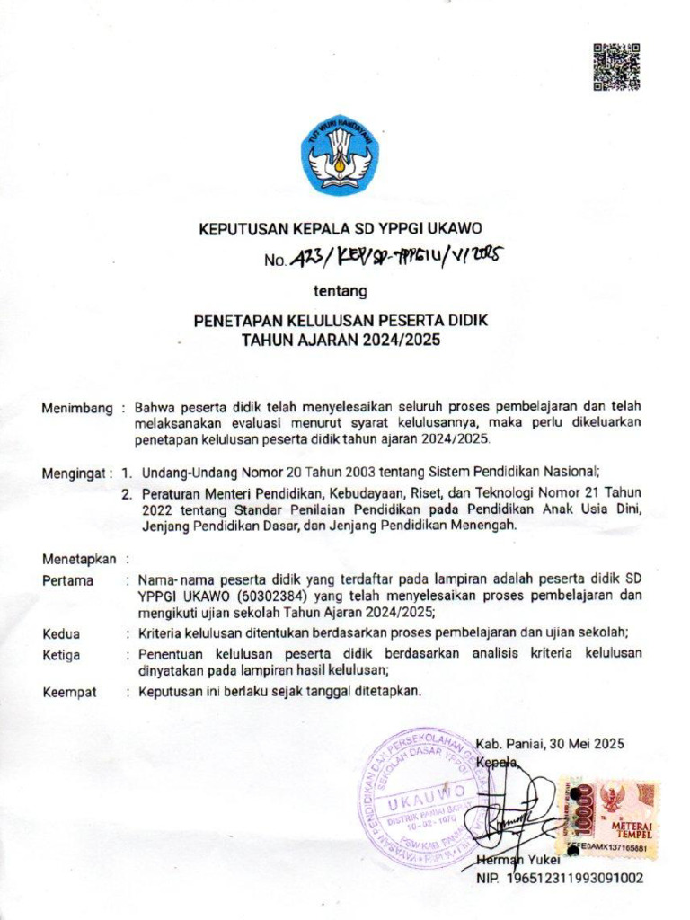 Surat Keputusan Penetapan Kelulusan Peserta Didik SD Inpres Ukauwo | PDF