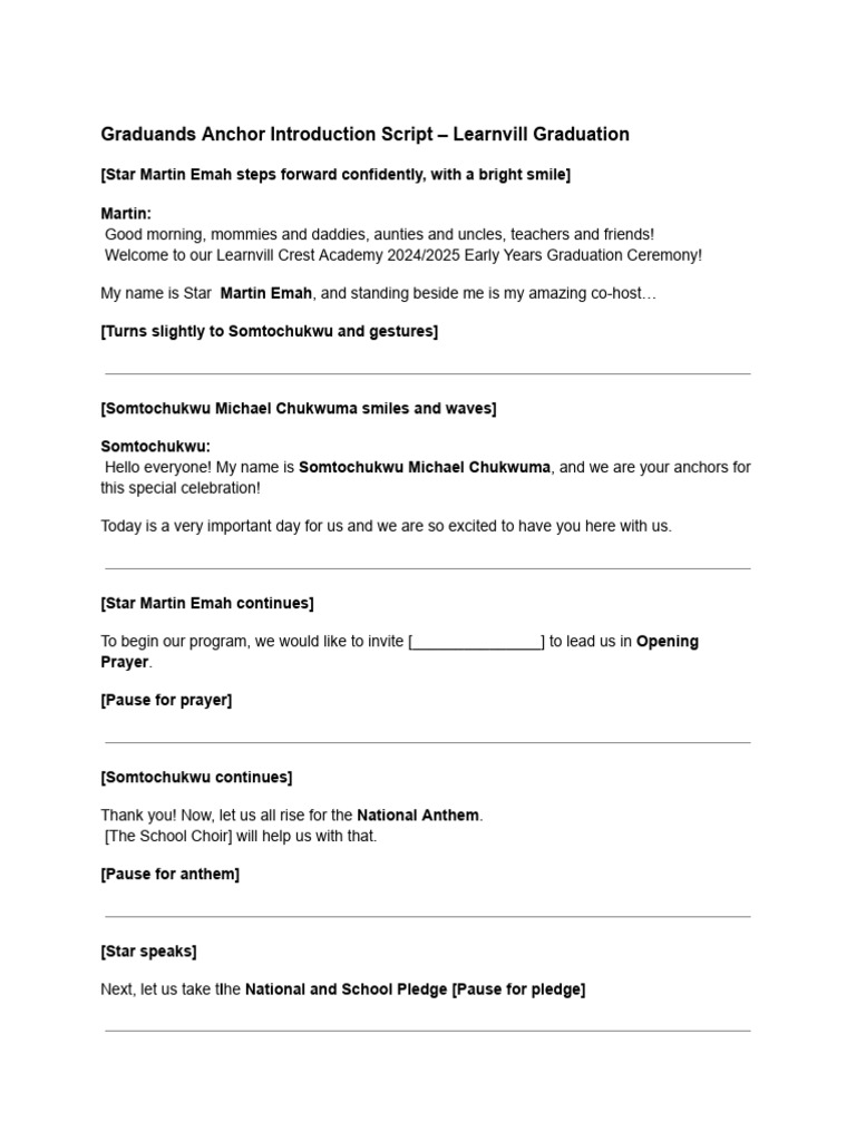 Graduands Anchor Introduction Script - Learnvill Graduation | PDF
